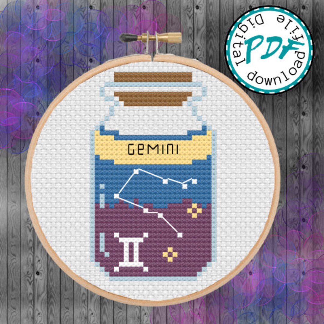 Gemini Zodiac Jar Cross Stitch Pattern. Small Birthday Stitch ...