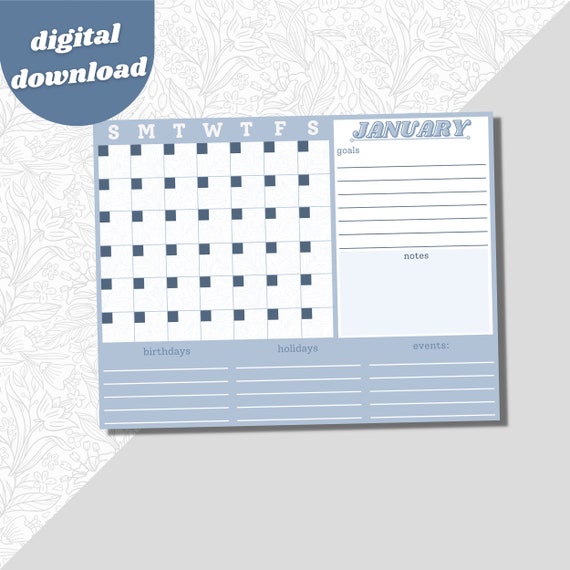 Blue Monthly Calendar Digital Download Printable Blue | Etsy