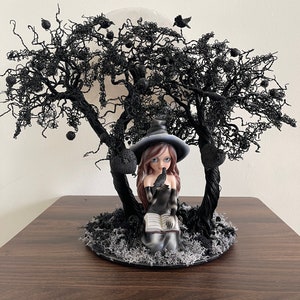 Striking Black Wire Tree Sculpture With Witch, Full Moon, Crows, Bonsai ...