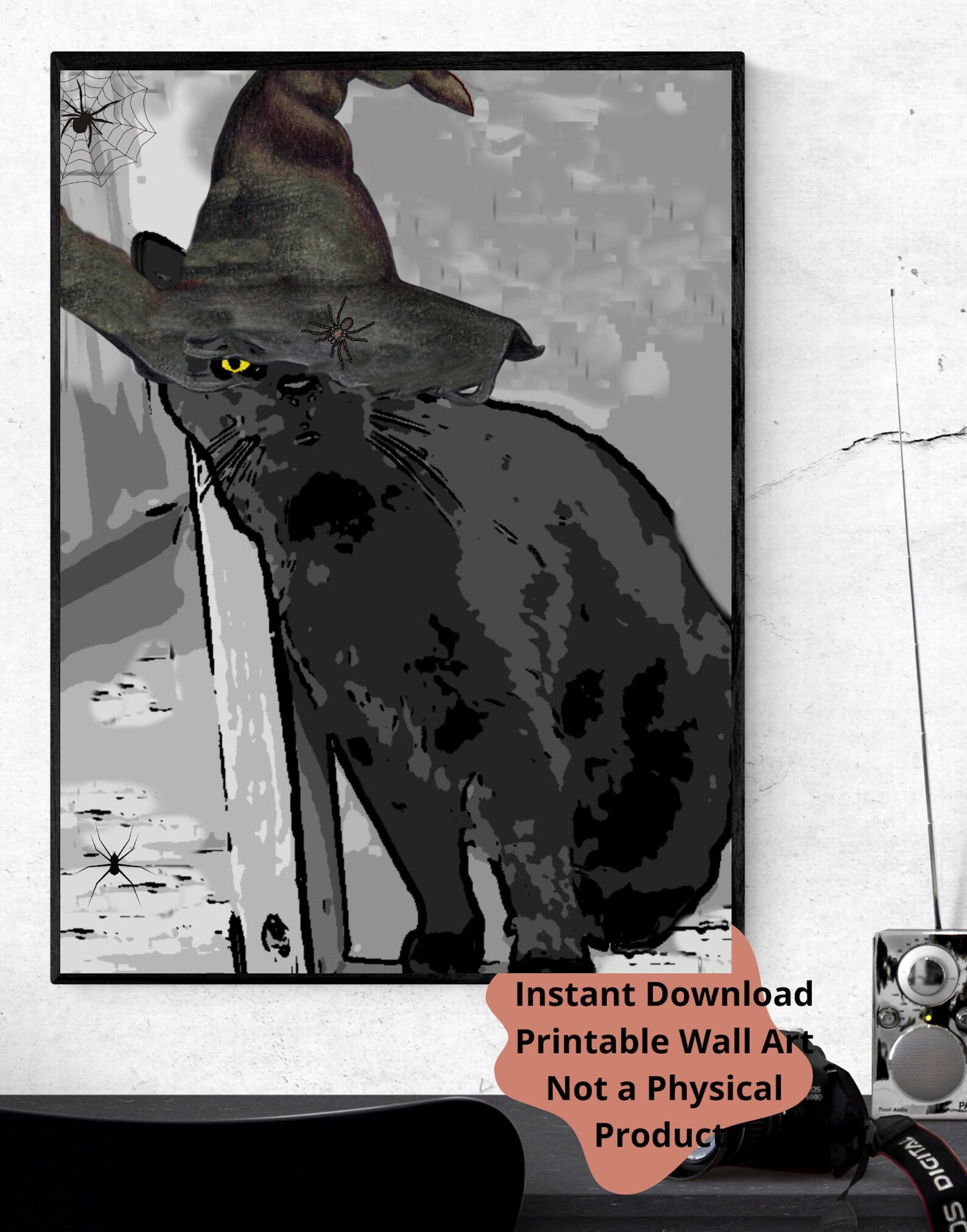 Black Cat With Witch Hat, Printable Wall Art, Black Cat Decor, Witch ...