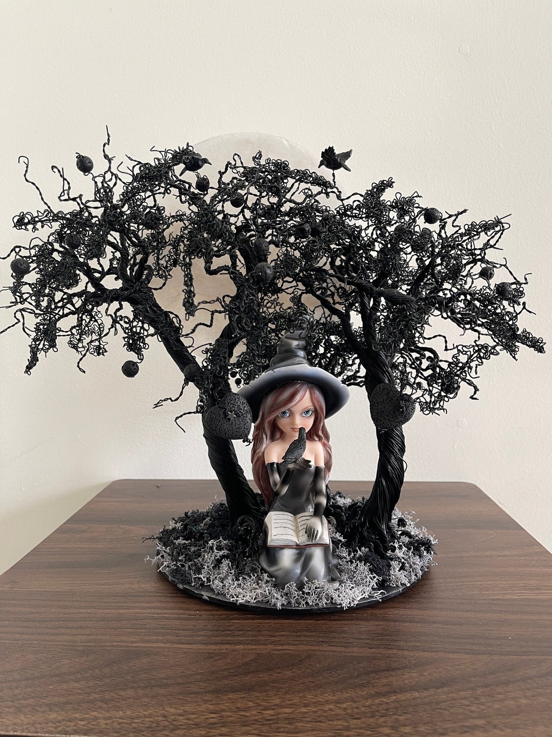 Striking Black Wire Tree Sculpture With Witch, Full Moon, Crows, Bonsai ...