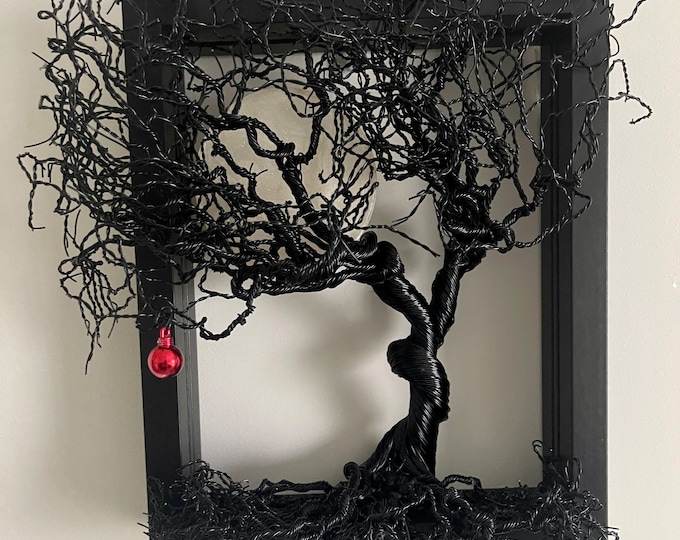 Framed Black Wire Tree Sculpture With Full Moon and Red Christmas Bulb ...