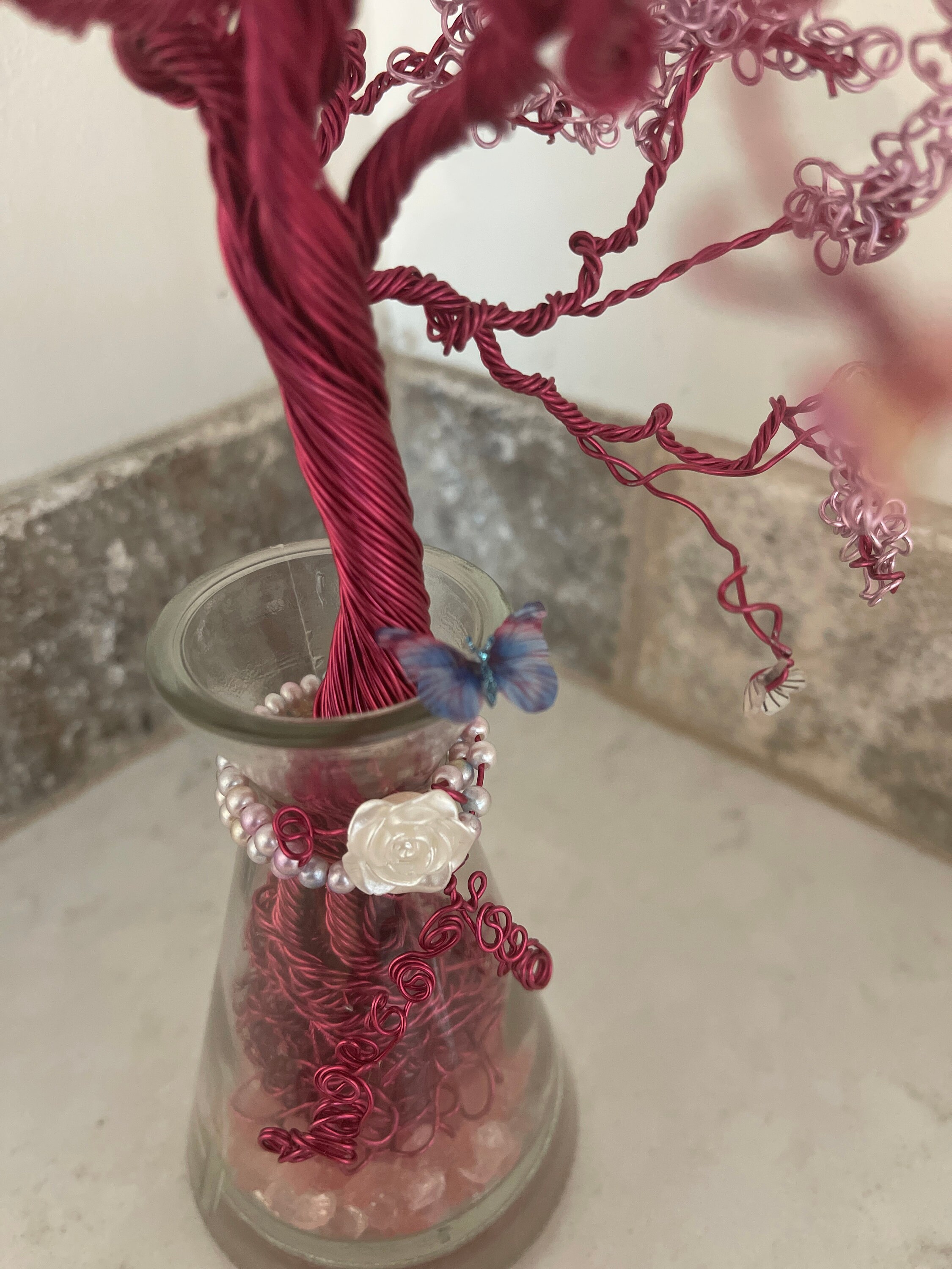 Pink Tree of Life With Butterflies With a White Rose and Beads for Trim ...