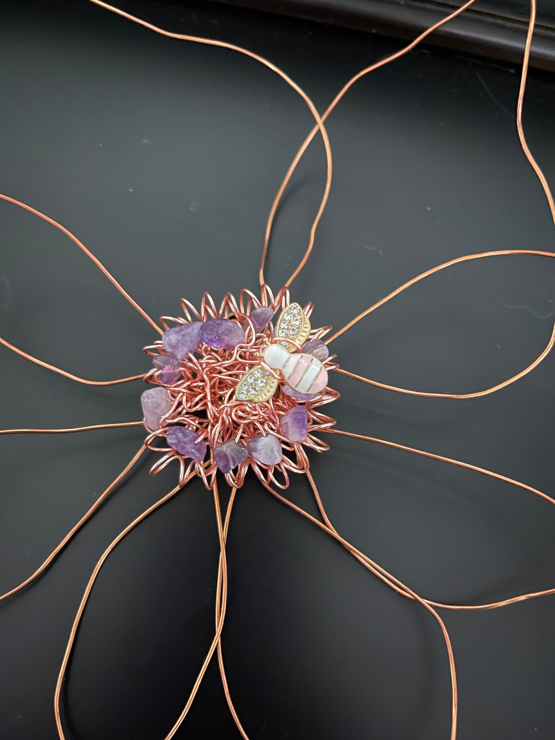Copper Wire Flower Wall Hanging With Amethyst Stones and Metal Bee ...