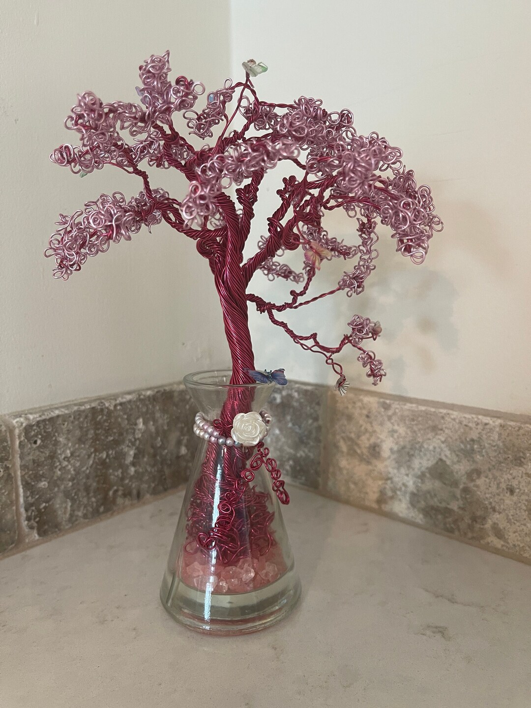 Pink Tree of Life With Butterflies With a White Rose and Beads for Trim ...