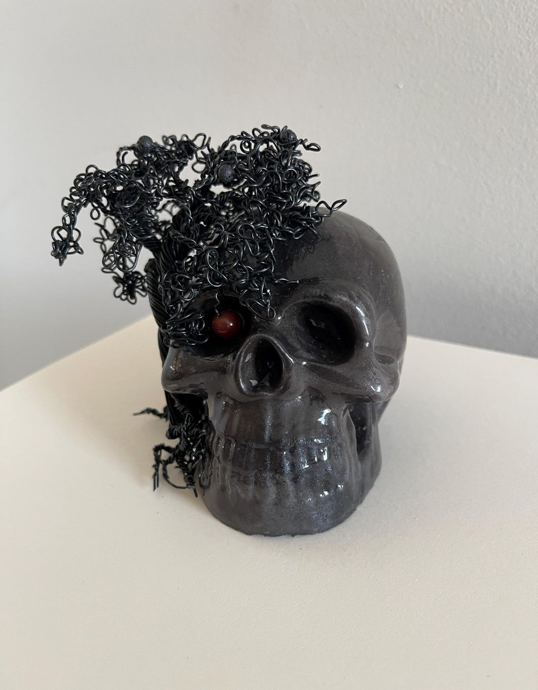 Striking Black Concrete Skull, Wire Tree, Gothic Centerpiece, Dark ...