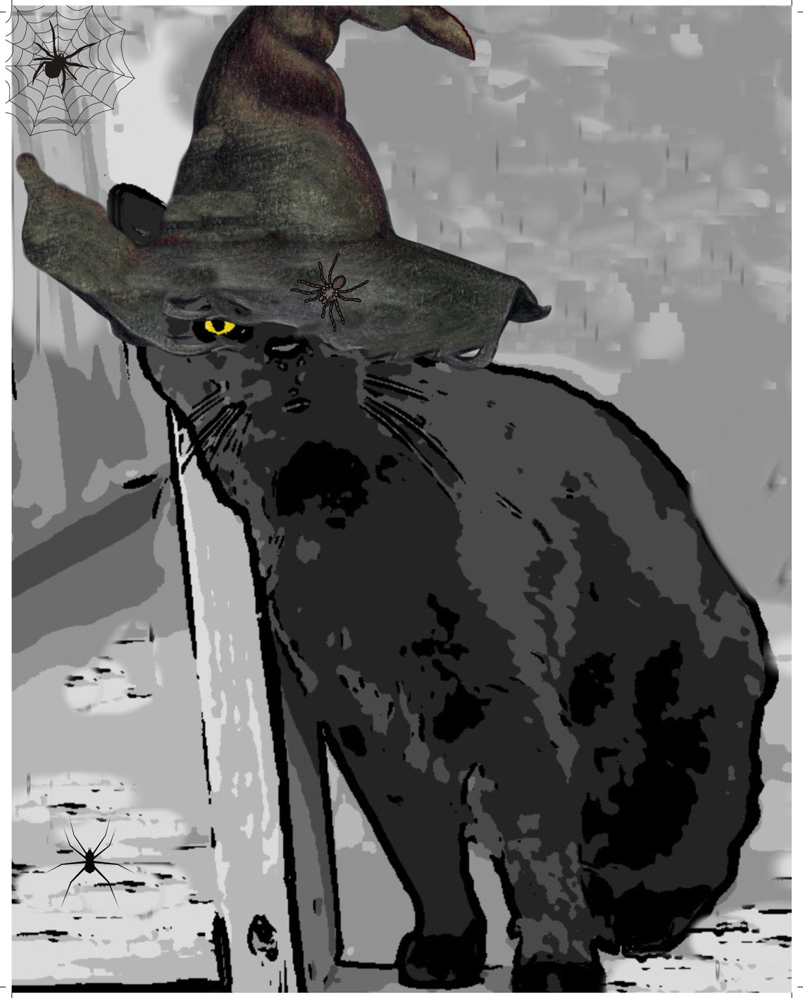 Black Cat With Witch Hat Printable Wall Art Black Cat Decor - Etsy