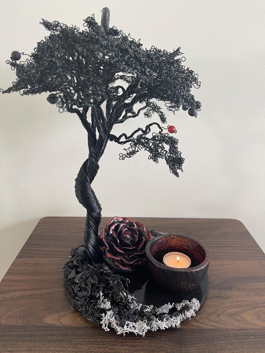 Tree of Life Memorial, Black Wire Tree, Lava Stone Heart, Urn Holder ...