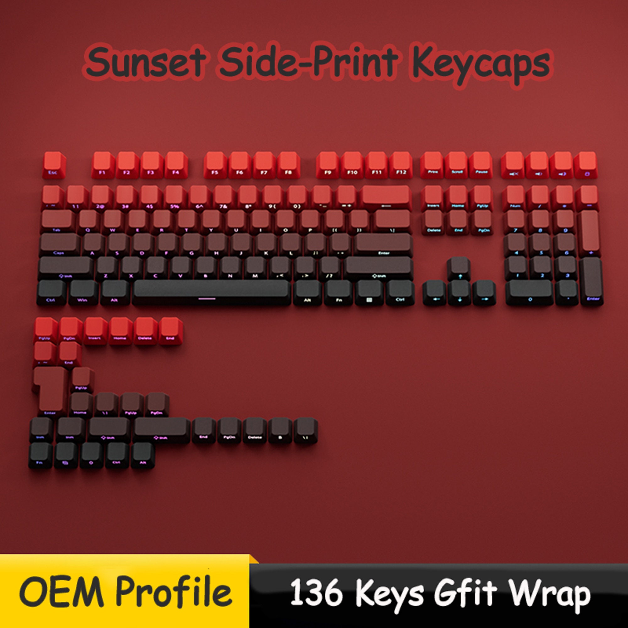 Sunset Gradient Red Black Keycap Set, Side-print Backlit Shine-through ...