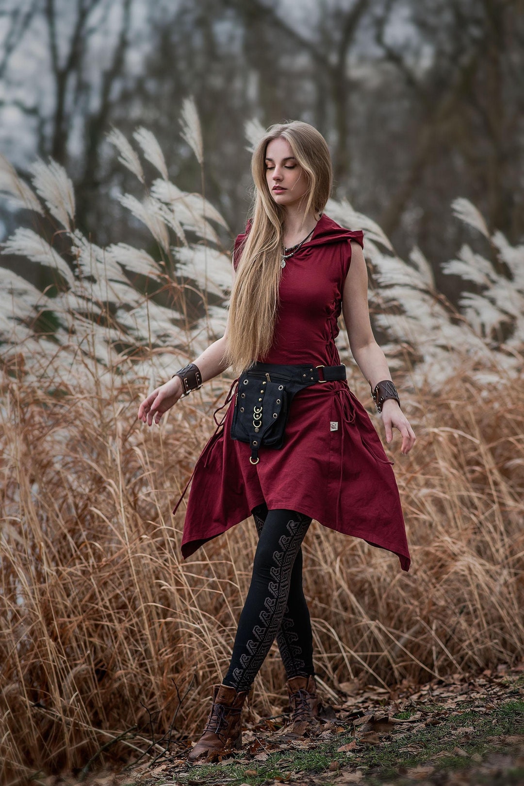 Elven Tunic Pixie Dress Shortsleeve Hodded Fairy Adjustable Lacing ...