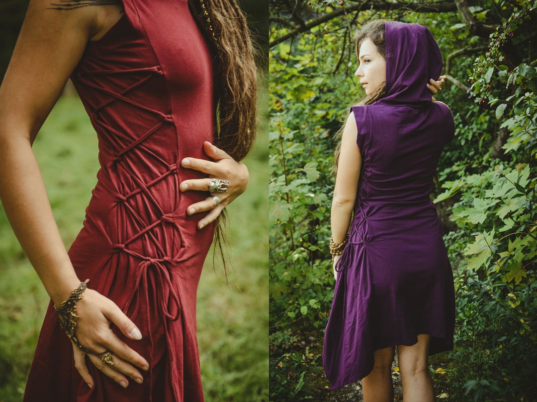 Elven Tunic Pixie Dress Shortsleeve Hodded Fairy Adjustable Lacing Forest Dress Assymetrical ...