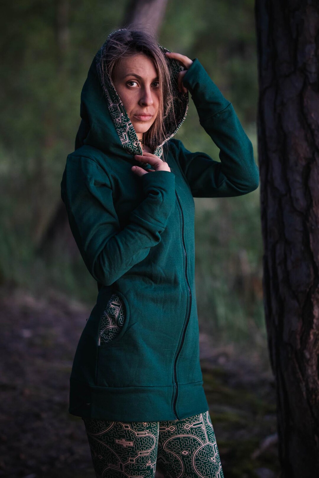 Emerald Foret Elf Zip Hoodie With Long Pixie Hood – Shipibo Icaro ...
