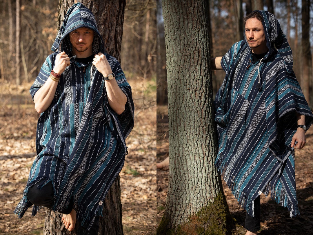 Blue Hippie Poncho Pixie Hood Poncho Long Gheri 100% Cotton Poncho Boho ...