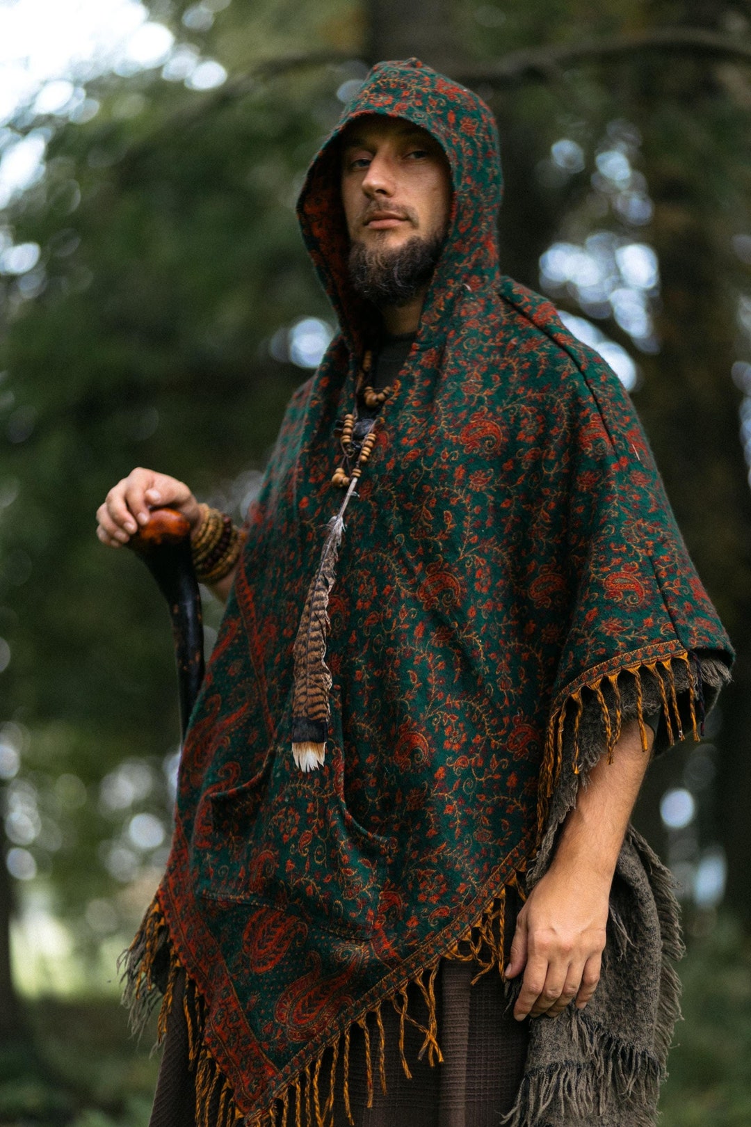 Elven Mage Cape Green Long Hood Poncho Pixie Unisex Cloak Psychedelic ...