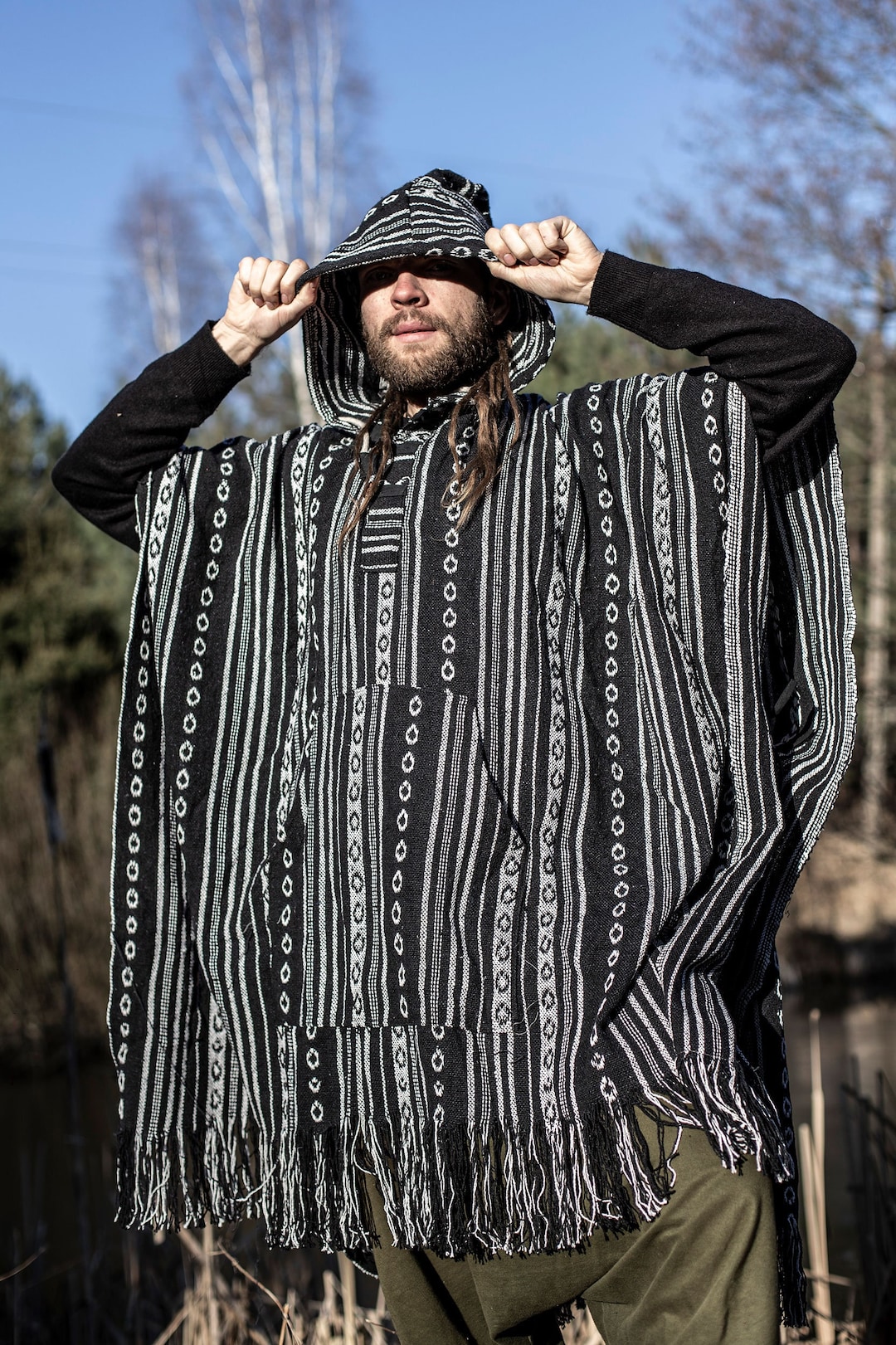 Man Poncho Long Gheri Cotton Poncho Elf Hood Poncho Boho Mexican Hippie ...