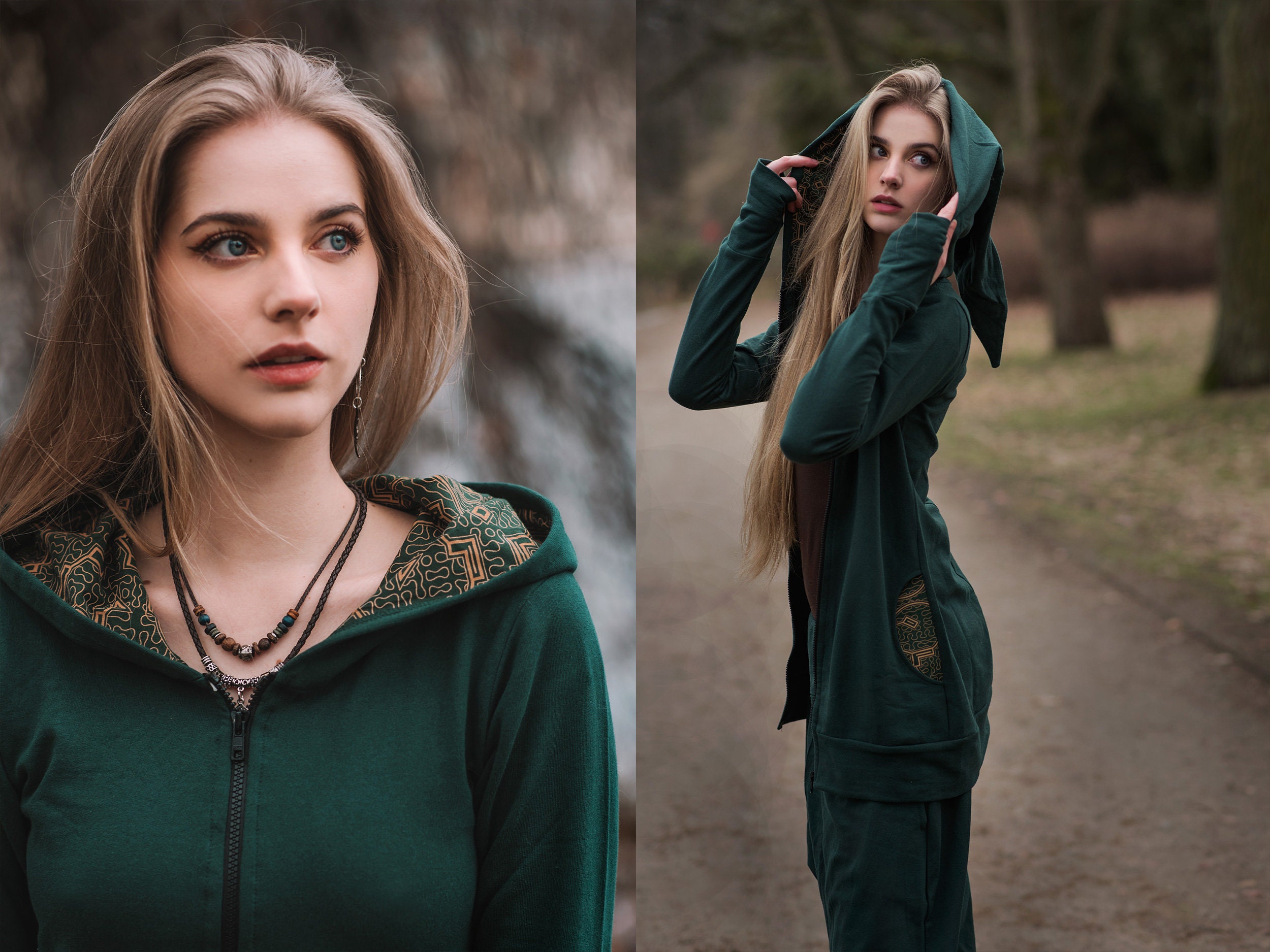 Emerald Pixie Hoodie Elven Bottle Green Women's Blouse Recycled Cotton Ayahuasca Patterns ...