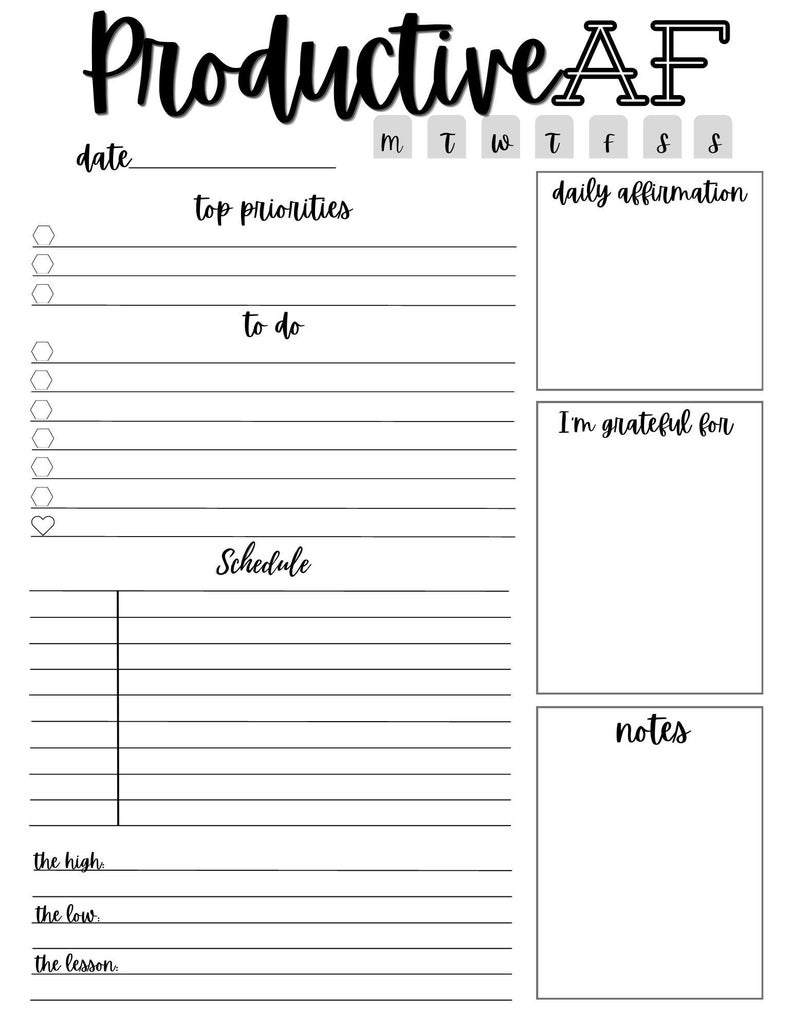 Productive AF Minimalist Productivity Daily Planner Printable Schedule ...