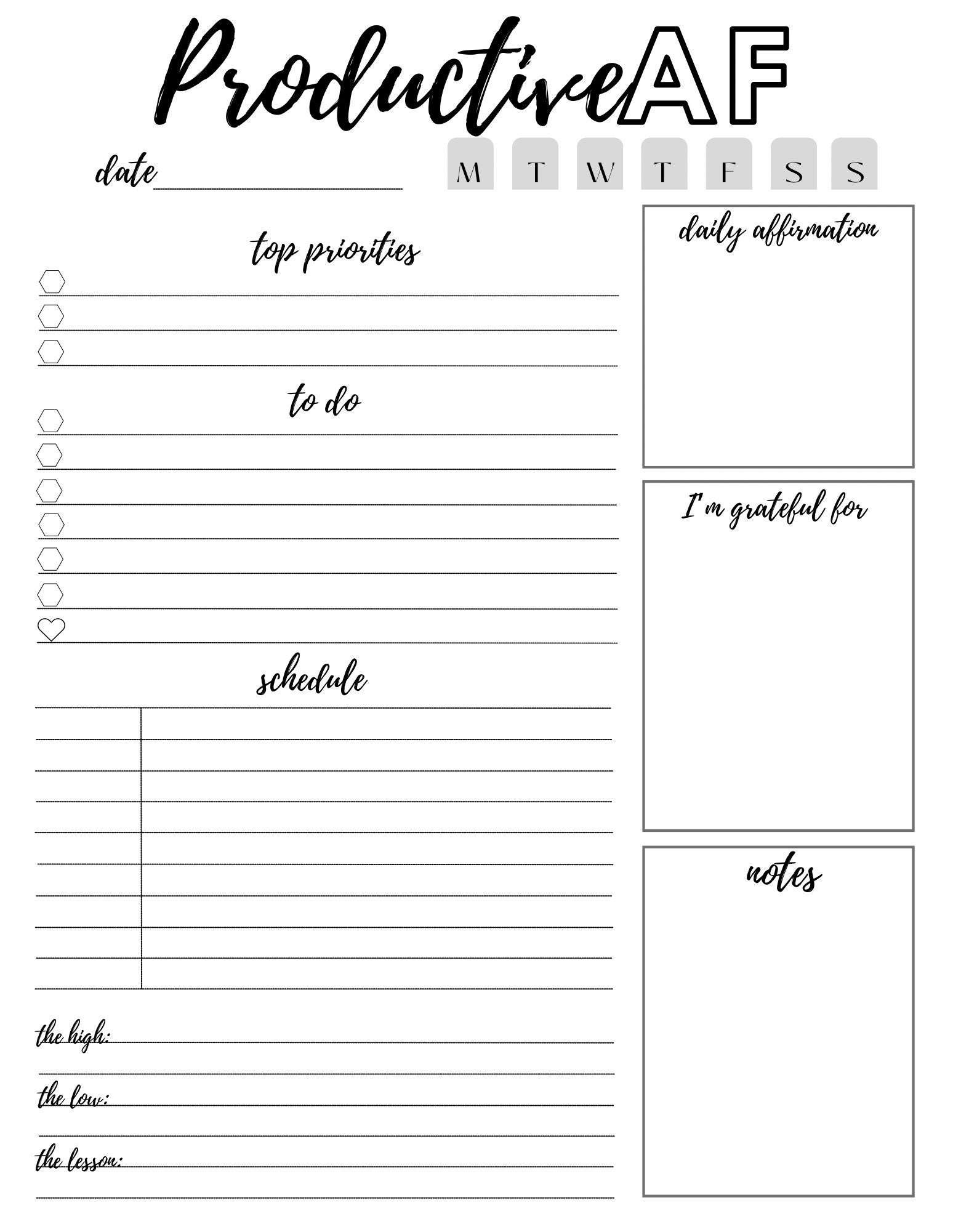 Productive AF Minimalist Productivity Daily Planner Template | Etsy