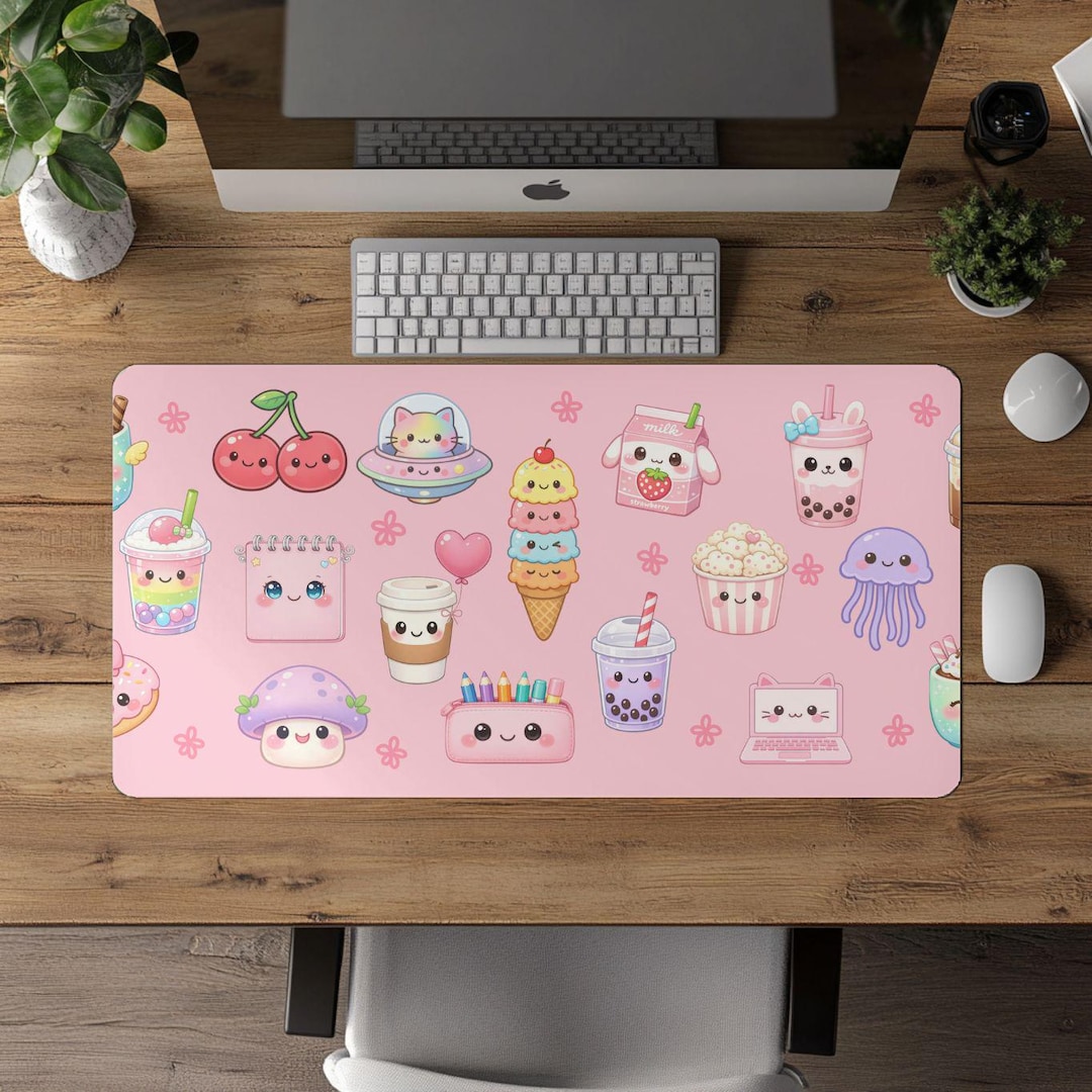 Pink Kawaii Desk Mat, Bubble Tea Kawaii, XL Desk Mat Cute, Custom ...