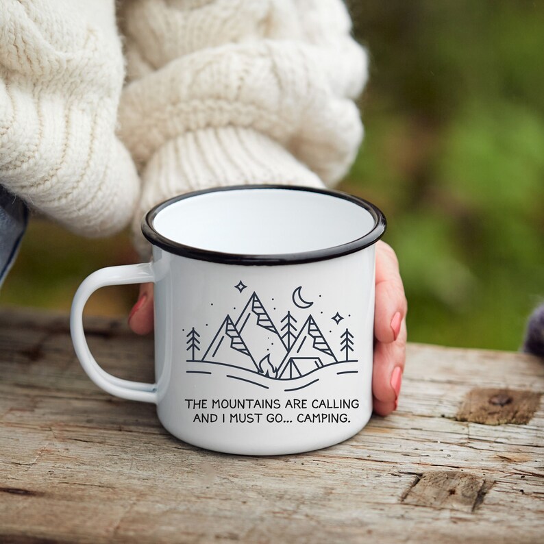 The Mountains Are Calling Mug, Tin Camping Mug, One Happy Camper ...