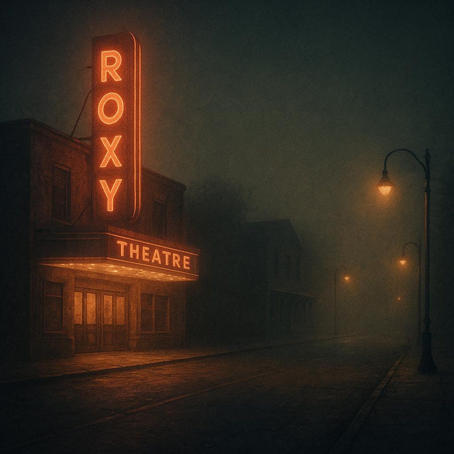 Roxy Theatre at Night – Foggy Neon Street Scene | Spooky Liminal Wall ...