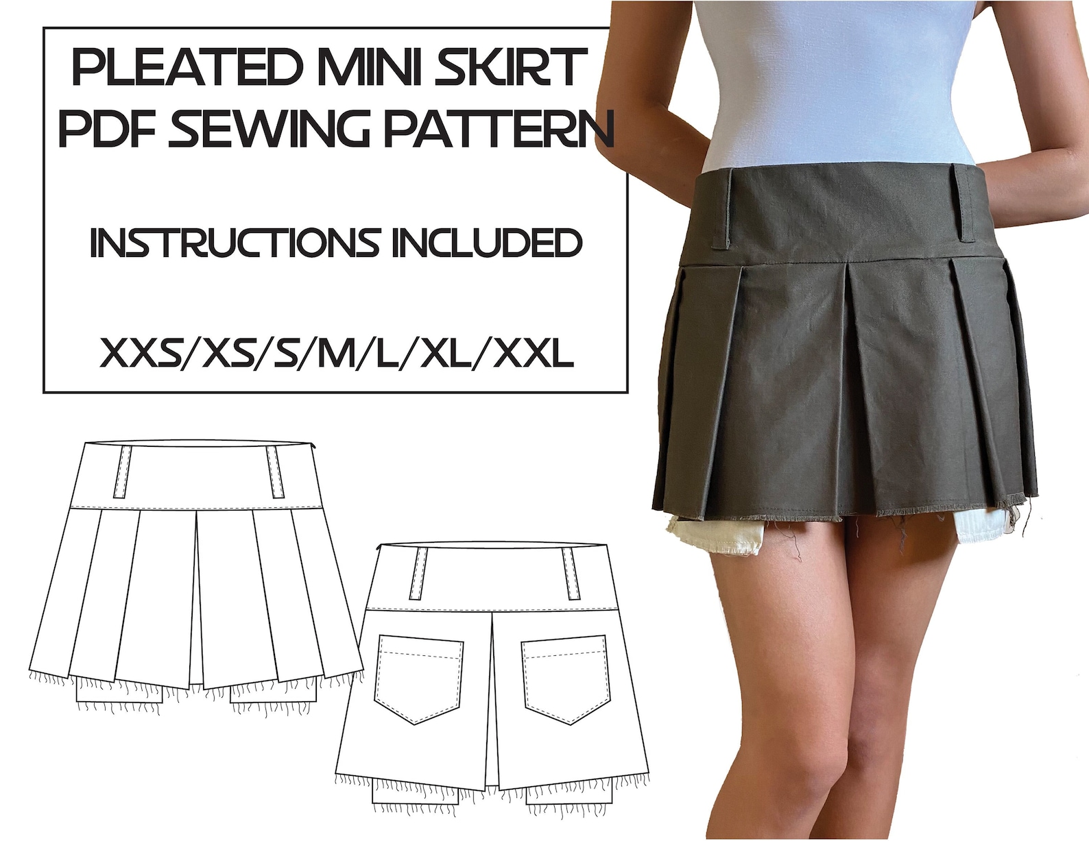 Pleated Mini Skirt Pattern, Miu Miu Style, Instant PDF Download, Dxf ...