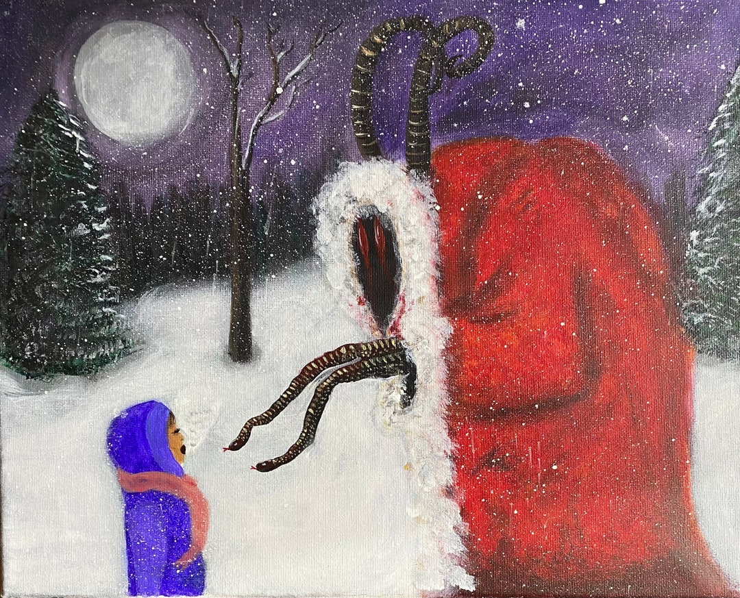 Encounter With Krampus: Sinister Winter Forest Painting Dark and ...