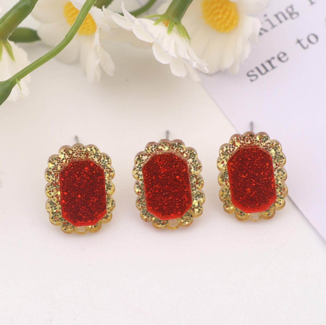 Red Glitter Cube Diamond Acrylic Earring Posts-two-layer Glitter Design ...