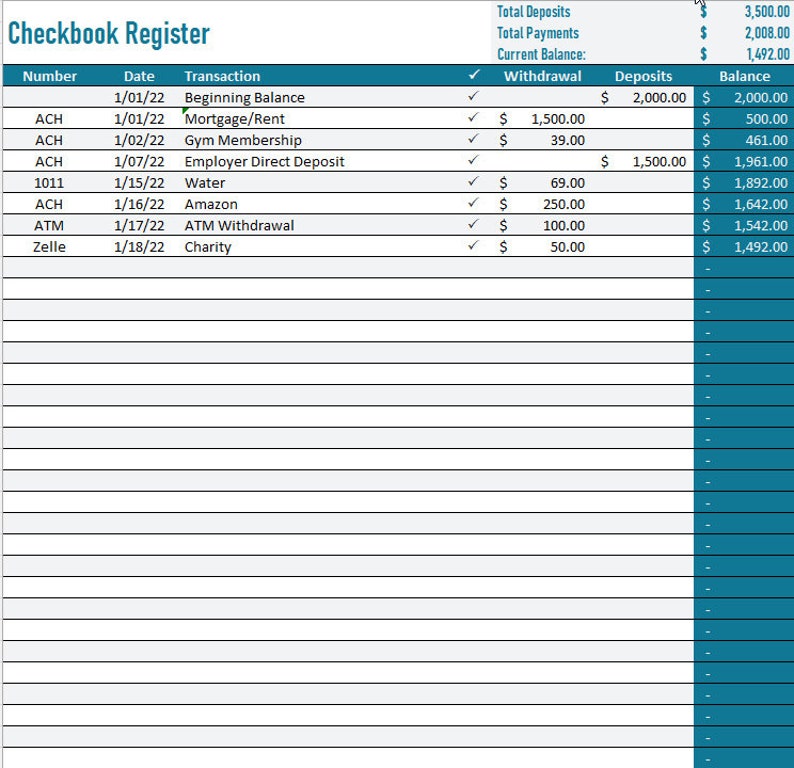 Excel Simple Check Book Register - Etsy