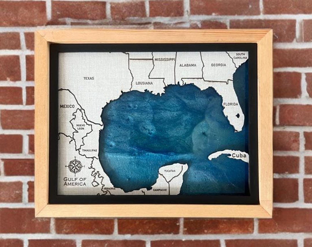 Gulf of America Laser Engraved Wooden Map Art, Framed Wall Decor, Resin ...