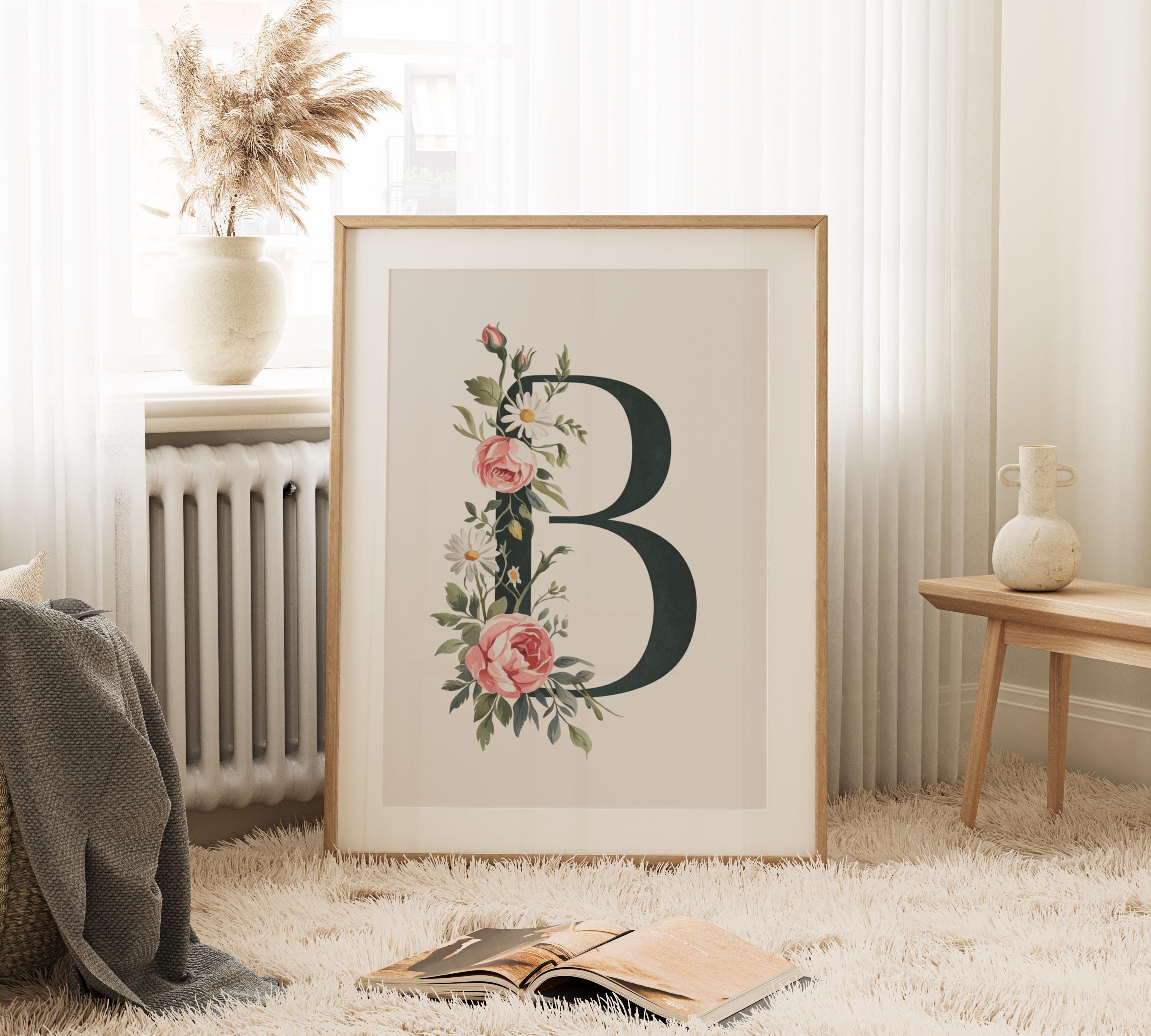 Watercolor Floral B Initial Wall Art, Initial Art Print, Initial B Wall ...