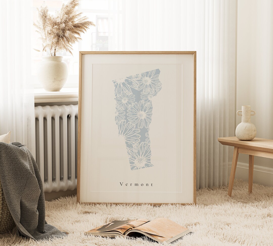 Vermont Blue Floral Art, Vermont State Print, Vermont Art, Vermont Dorm ...