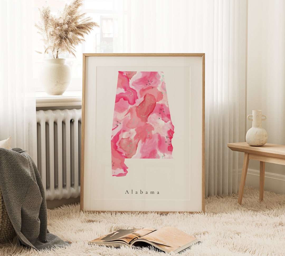 Alabama Hot Pink Watercolor Art, Alabama Watercolor Art, Alabama Wall ...