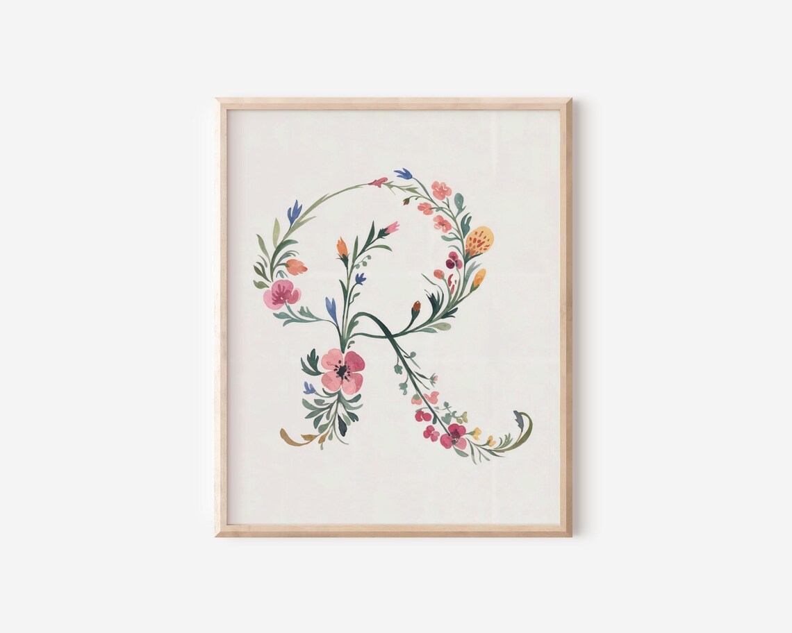 Letter R Wall Art Print Floral Watercolor Initial R Home Decor Letter R ...