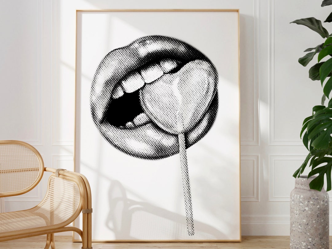 Y2K Lips Lollipop Print: Black and White Edgy Wall Art (digital ...