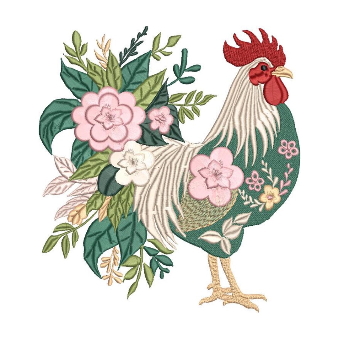 Floral Rooster Embroidery Design, Rustic Chicken (digital Download) - Etsy