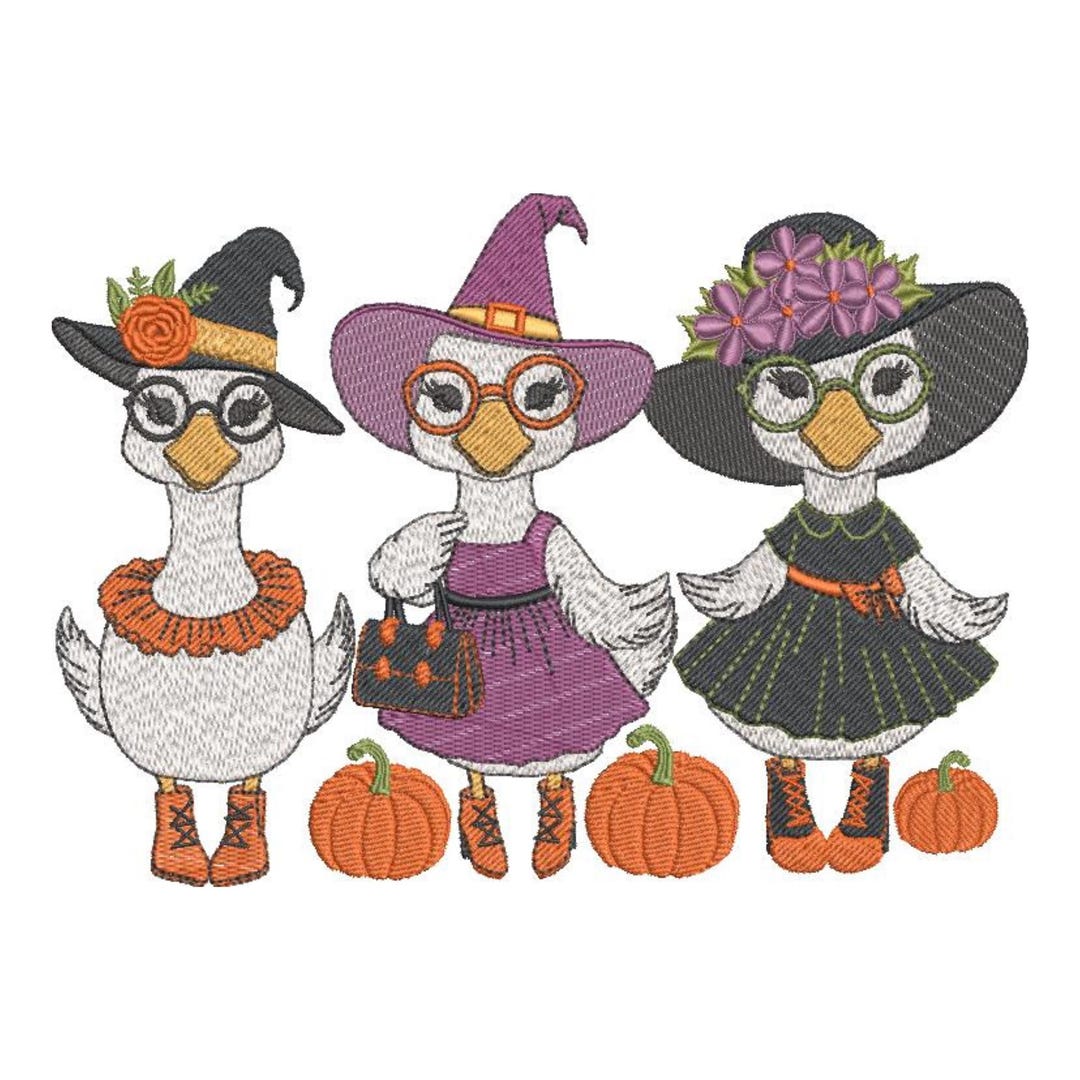 Halloween Goose Trio Embroidery Design: Witch Hat, Pumpkins (digital ...