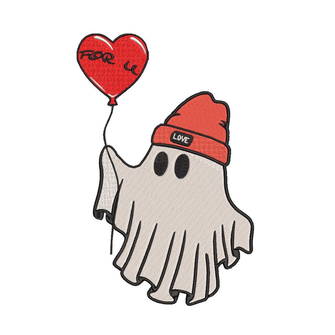 GHOST in Beanie With Big RED HEART, Valentine Ghost Embroidery Design ...