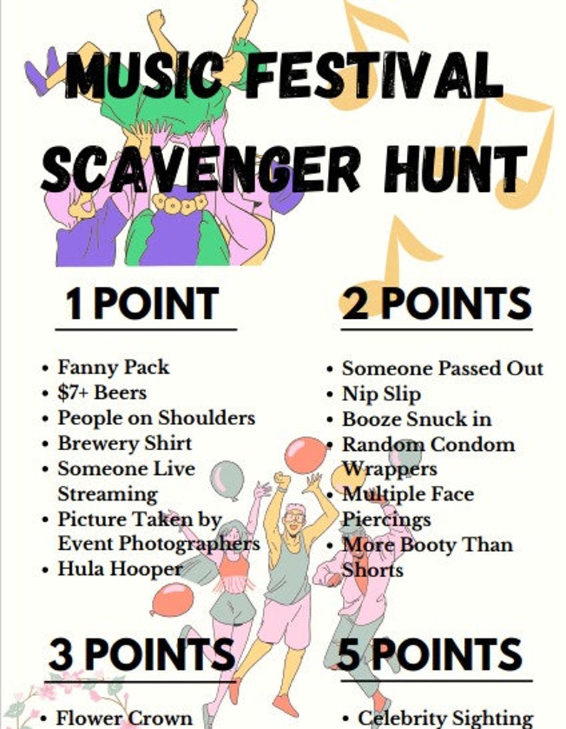 Music Festival Scavenger Hunt, Printable Party Game, Full Page or Half ...