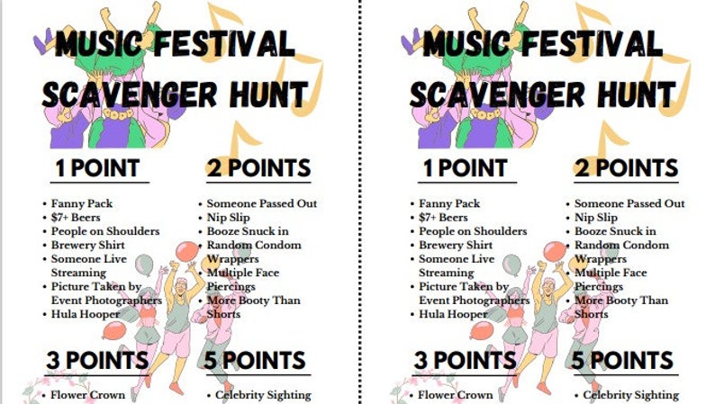 Music Festival Scavenger Hunt, Printable Party Game, Full Page or Half ...