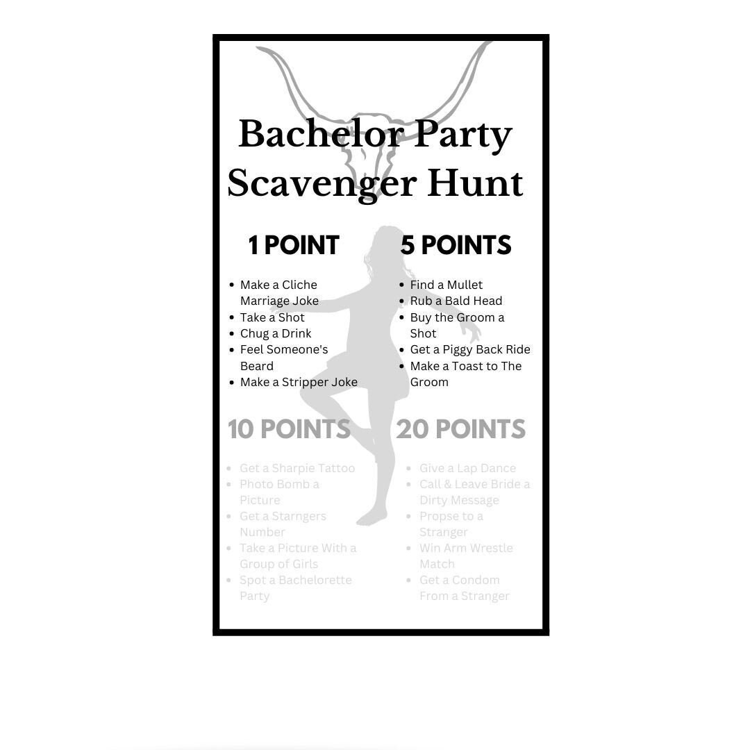 Bachelor Party Scavenger Hunt Printable Party Game Full Page Or Half
