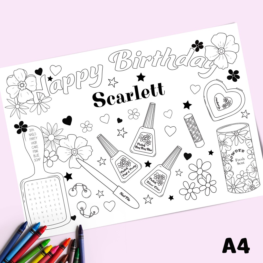 Kids Birthday Placemat, Spa Party Coloring Mat, Template, INSTANT ...