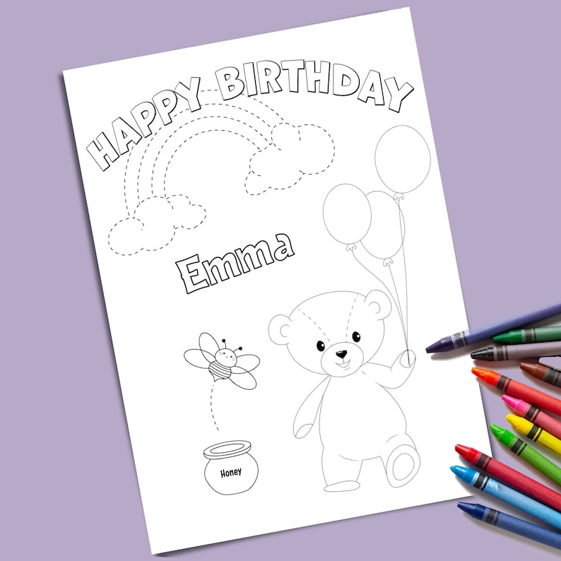 Teddy Bear Birthday Card, Coloring Card, Template, INSTANT DOWNLOAD ...