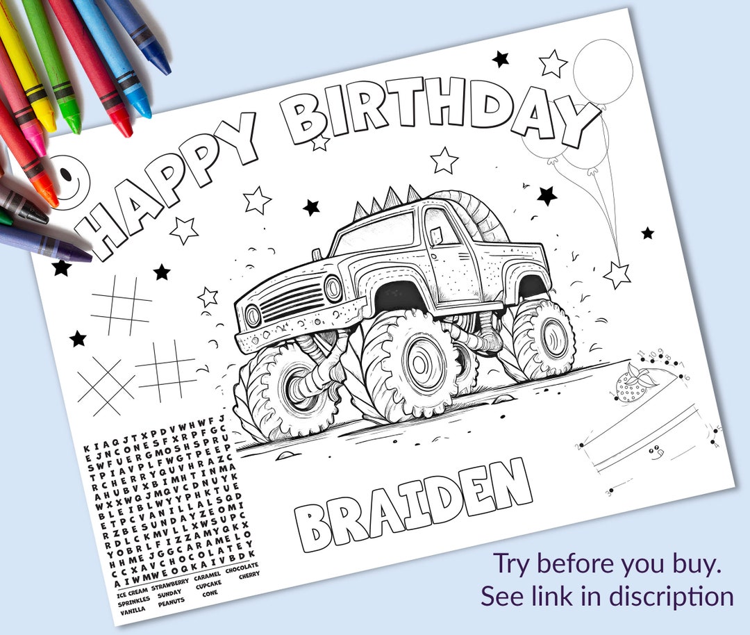 Monster Truck Themed Personalized Birthday Party Activity Placemat (DIY ...