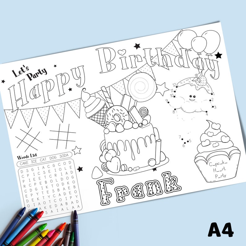 Kids Birthday Placemat, Cake and Ice Cream Coloring Mat, Template ...