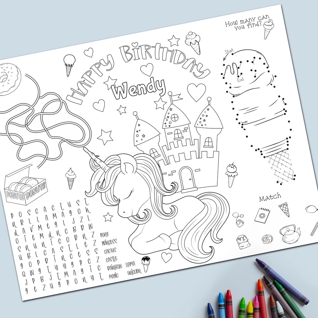 Unicorn Kids Birthday Placemat Sheet, Template, INSTANT DOWNLOAD ...