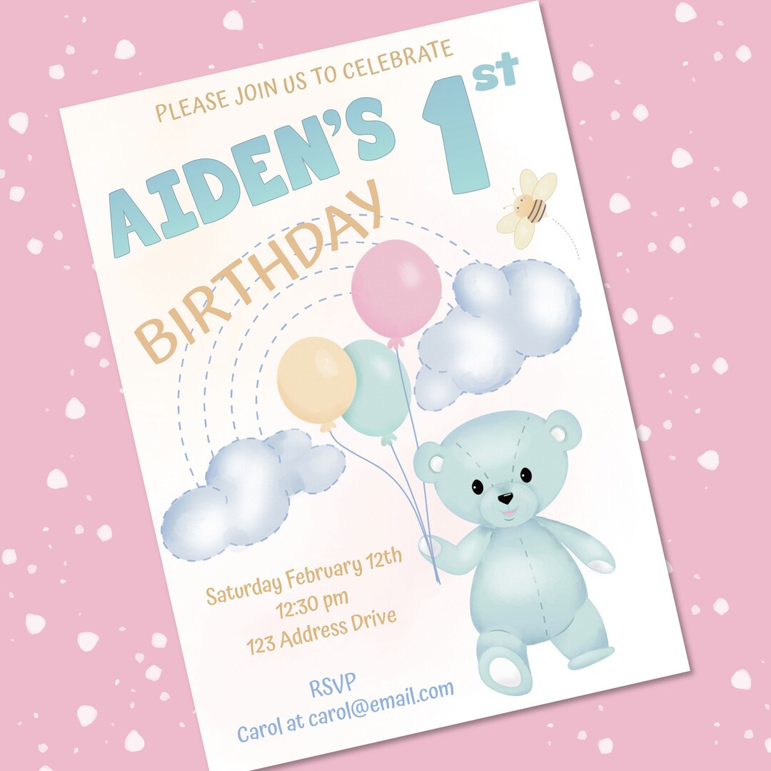 Editable Teddy Bear Birthday Invitation, Template, INSTANT DOWNLOAD ...