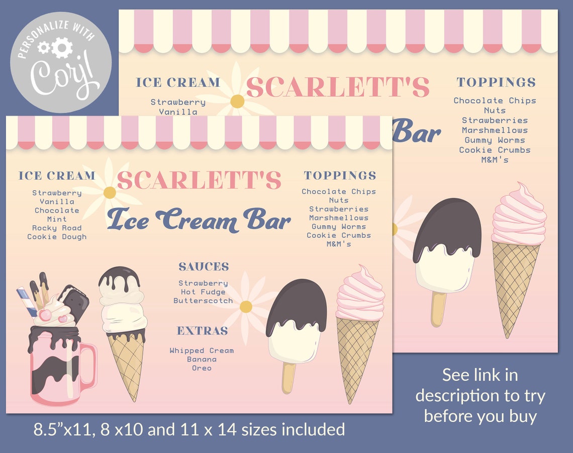 Editable Ice Cream Sundae Sign , Spa Party Ice Cream Bar, Template ...