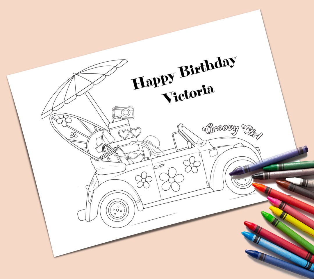 Personalized Retro Beetle Card, Coloring Card, Template, DIGITAL ...