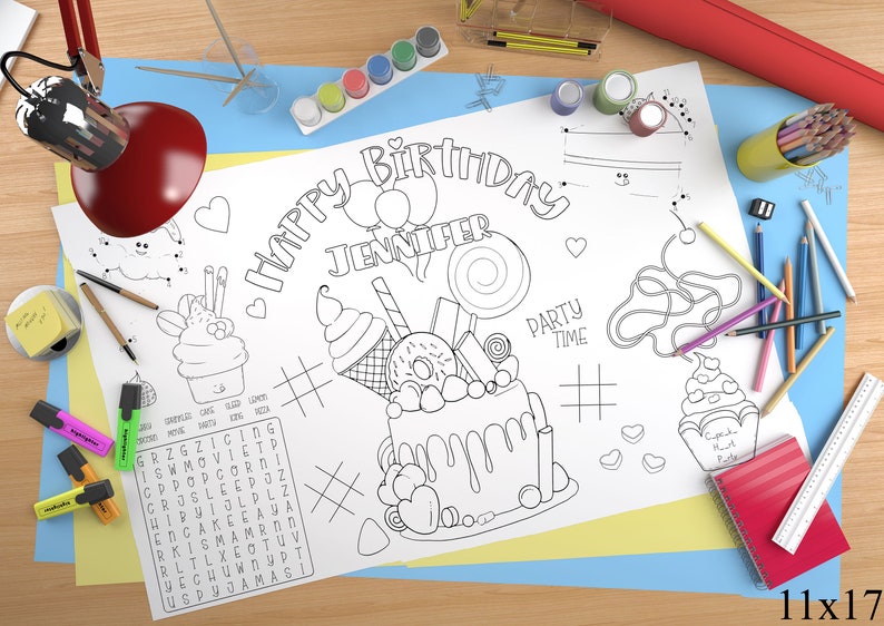 Kids Birthday Placemat, Cake and Ice Cream Coloring Mat, Template ...